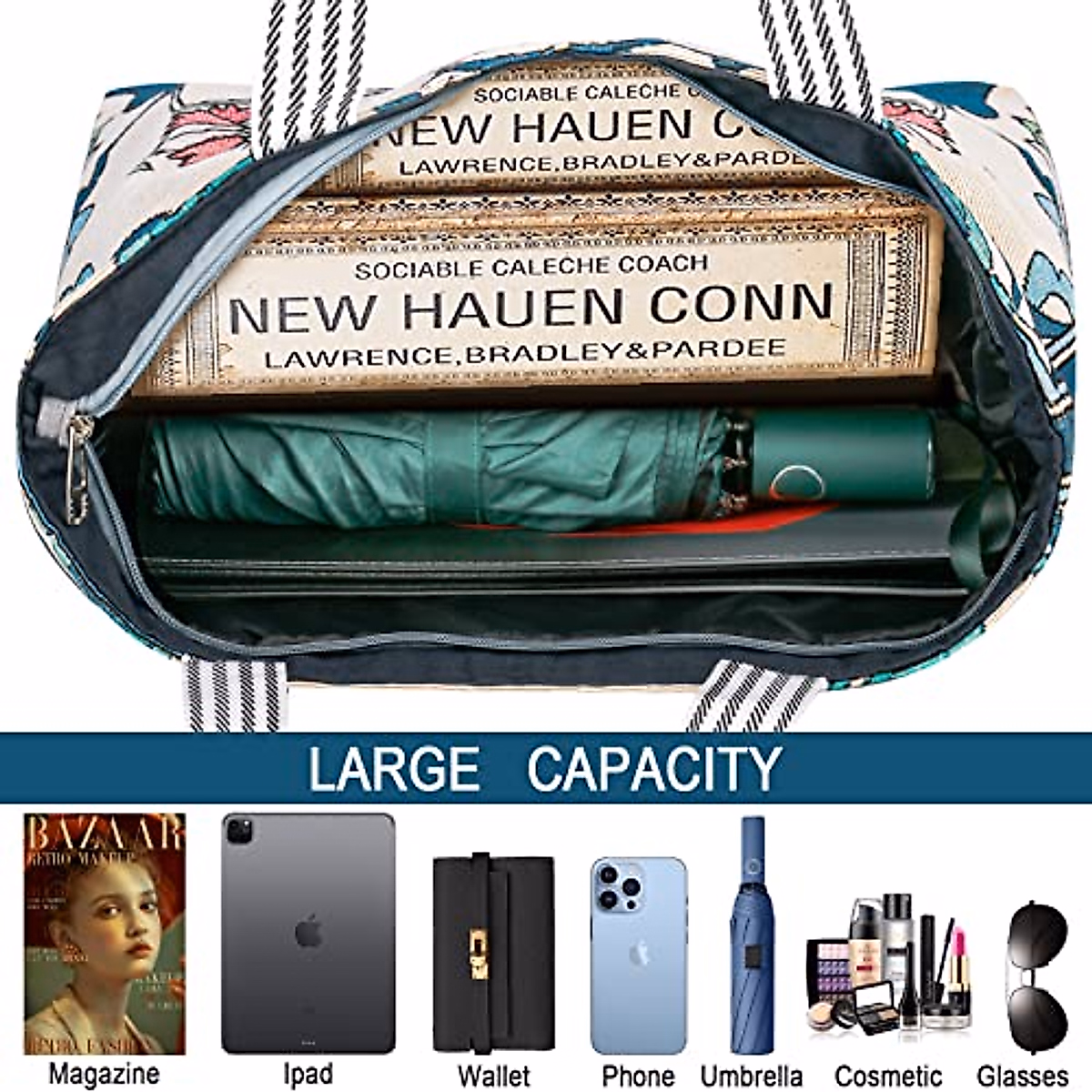 Aflngle Tote Bag for women Casual Canvas Handbags Beach Totes Large Capacity Grocery Shopping Bag Floral Embroidered Fashion Tote Bags, Travelling Shoulder Bags With Zipper boho Daily Bag