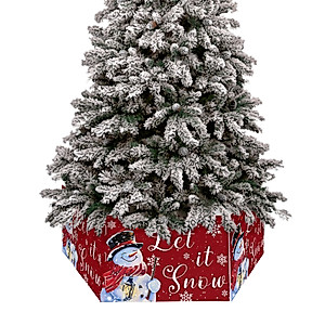 Snowman Bird Christmas Tree Collar Tree Box Stand Cover,Artificial/Pencil/Silm/Skinny Tree Ring 6 Packs Collapsible Tree Skirt for Christmas Xmas Tree Decorations,Retro Christmas Red Snowflake 17"x10"
