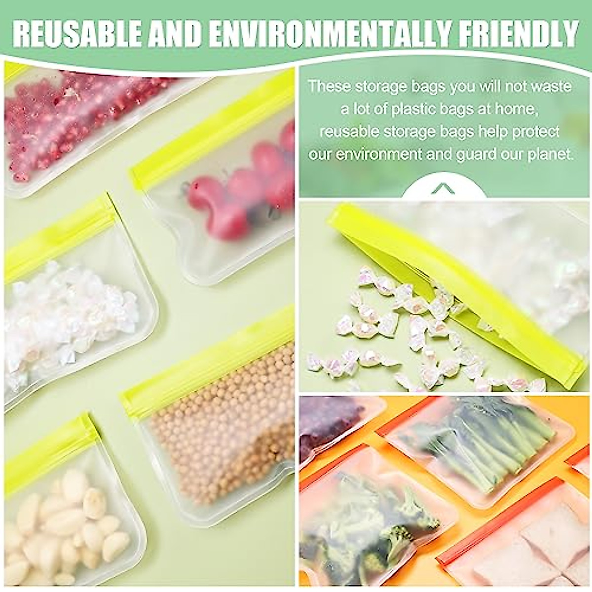 Reusable Food Storage Bags - 24 Pack Reusable Freezer Bags(8 Reusable Gallon Bags + 8 Reusable Sandwich Bags + 8 Reusable Snack Bags)，Reusable Ziploc Bags for Meat Fruits and Vegetables.