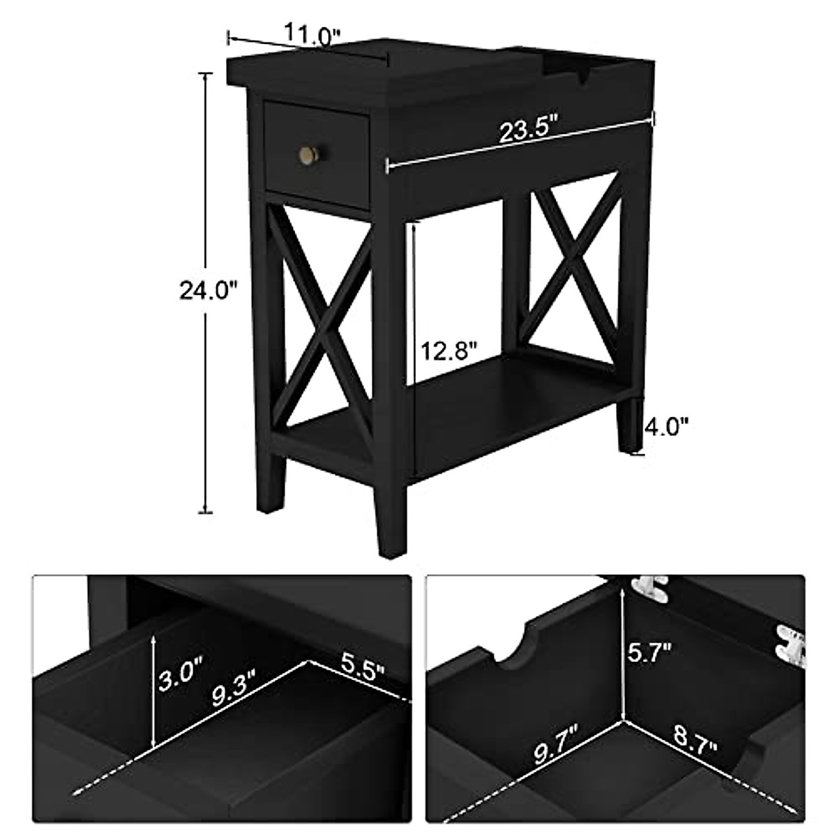 ChooChoo Black End Table, Flip Top Narrow Side Table for Small Spaces, Accent Nightstand Sofa Table for Living Room, Bedroom