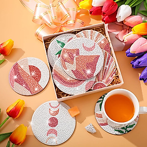 Vesici 8 Pcs Diamond Art Coasters with Holder Cat Shaped DIY Diamond Art Coasters Diamond Art Kits Diamond Crafts Coasters for Adults Kids Beginner Gift Supplies (Boho)