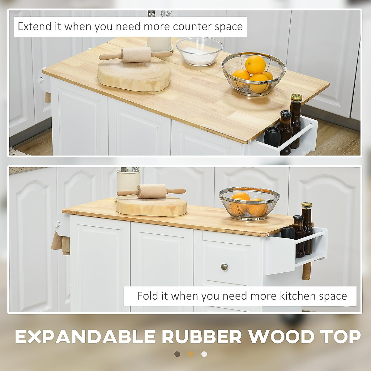 HOMCOM Kitchen Island with Drop Leaf, Rolling Kitchen Cart on Wheels with 3 Drawers, Cabinet, Natural Wood Top, Spice Rack and Towel Rack, White