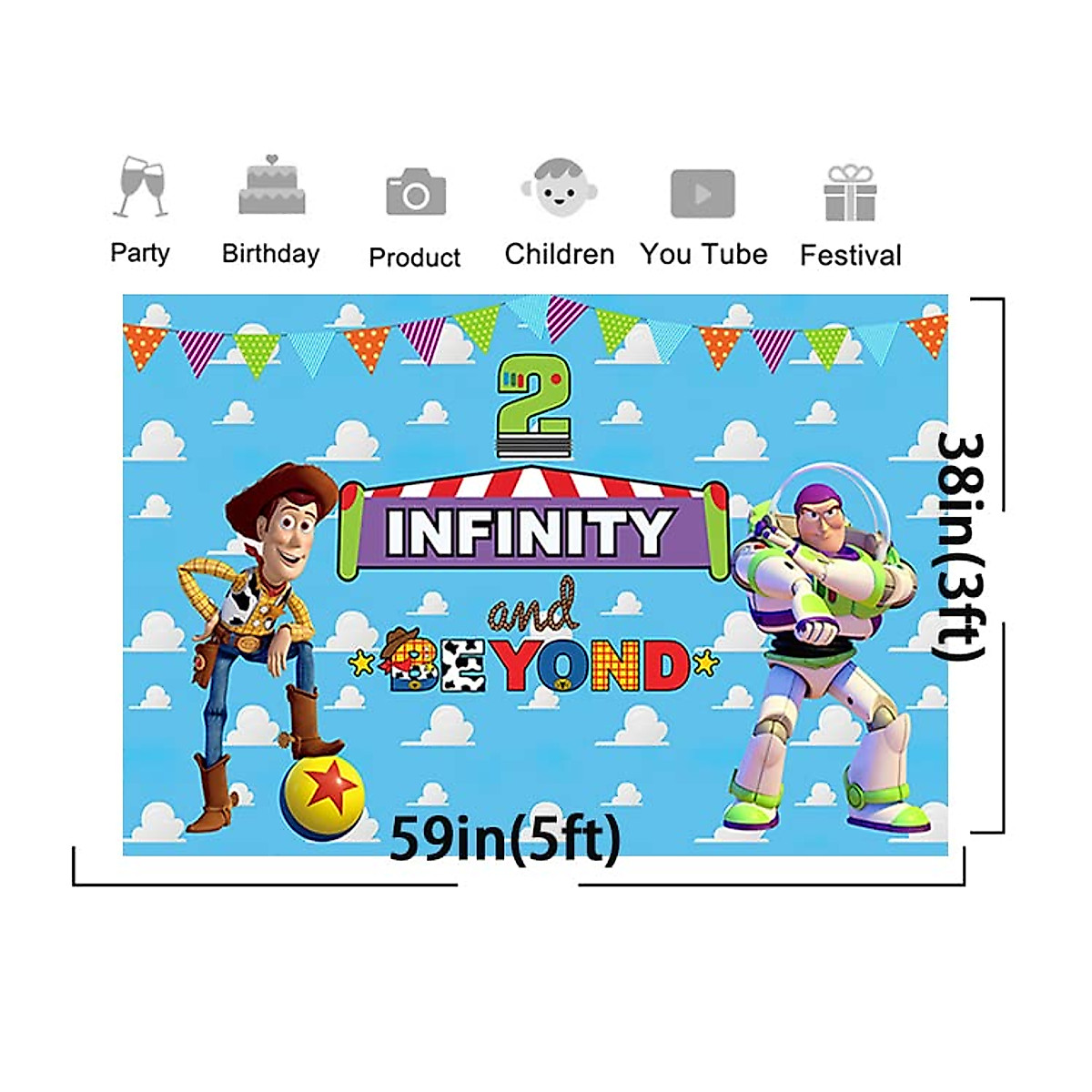 Two Infinity and Beyond Backdrop for 2nd Birthday Party Supplies Photo Backgrounds Toy Story Theme Baby Shower Banner 59x38in