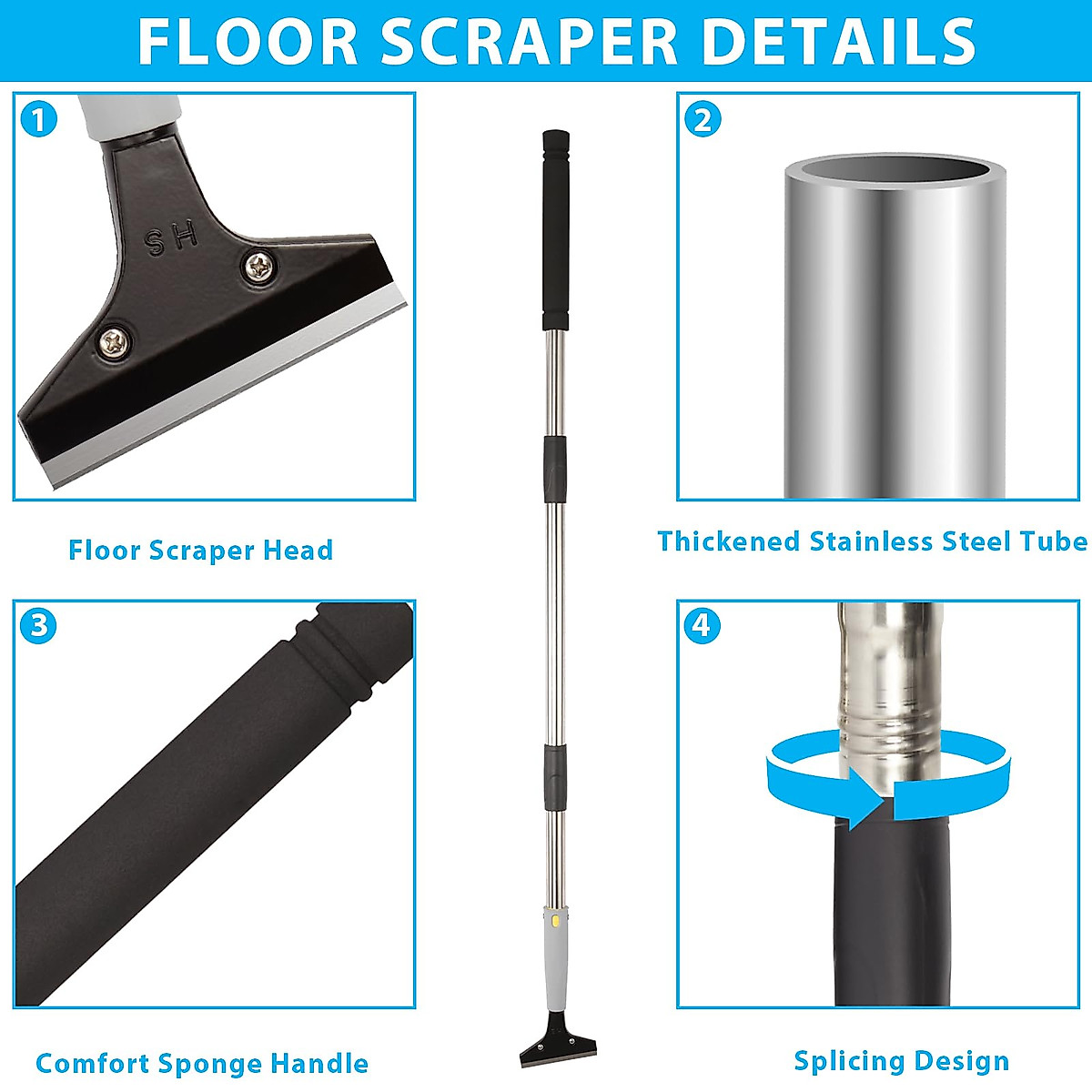 Floor Scraper, Scraper Tool Long Handle Adjustable 31" to 61" with 4-inch Razor Blade Stainless Steel Material Cleaning Glass Wall Gum Paint Tile Glue Linoleum Carpet Sturdy Durable