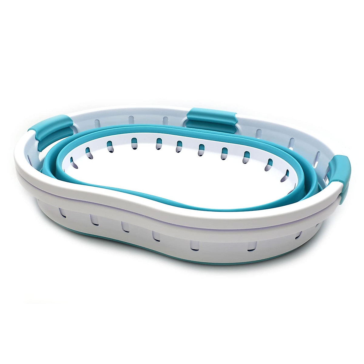 SAMMART 36L (9.5 gallon) Collapsible 3 handled Plastic Laundry Basket - Oval Basket - Foldable Storage Container/Organizer - Space Saving Laundry Hamper (2, White/Bright Blue)