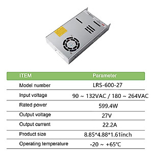 FerroFab LRS-600-27, 600W, 22.2A, 27V High-Efficiency 27V Industrial GradePower Supply, 92% Efficiency, Wide Temp -20~+65℃, 5G Vibration Resistant, Active PFC