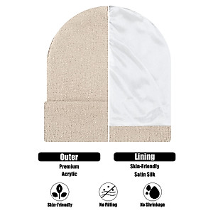 Winter Satin Lined Beanie Hat Silk Lined Beanies Cuffed Skull Hat Knitted Watch Hat (Black, Beige, Caramel, Pink)