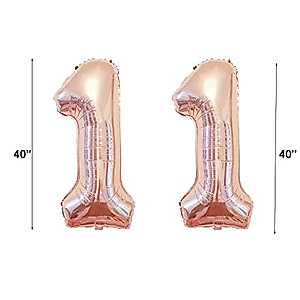 11th Birthday Decorations Supplies Rose Gold 11 Foil Balloons, Happy Birthday Banner, Hanging Swirls, Pompoms Flowers, Metallic Chrome Balloons, Confetti Balloons For Girls' Birthday Party