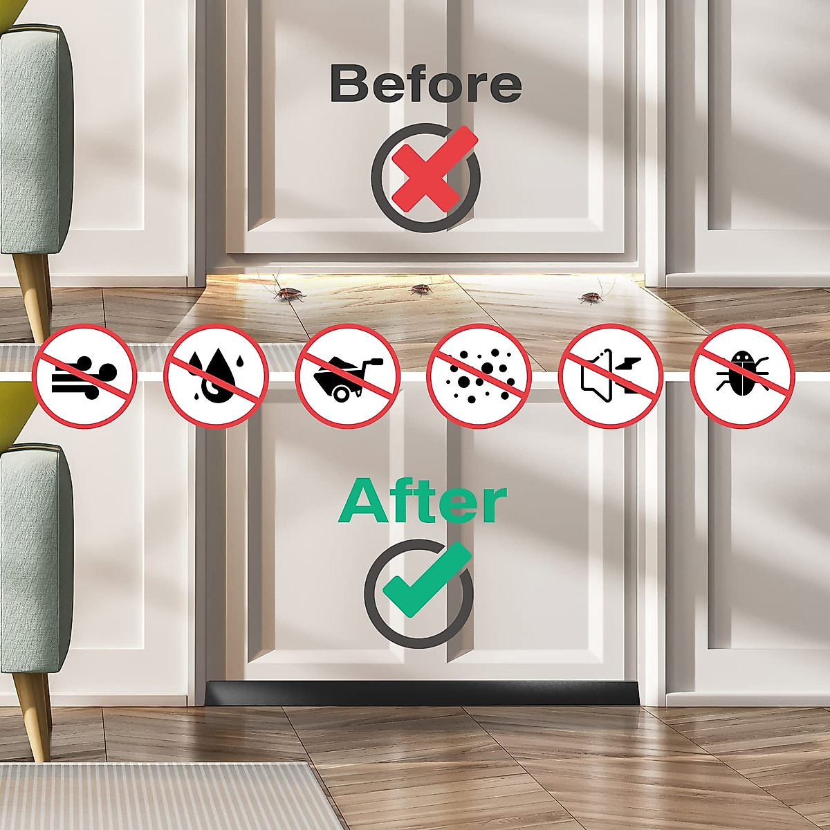 Lewondr Door Draft Stopper 36 Inch Under Door Draft Noise Blocker Waterproof Cuttable Triangle Strong Adhesive Weather Stripping Door Seal Under Door for Reduce Dust Air Door Sweep, Black