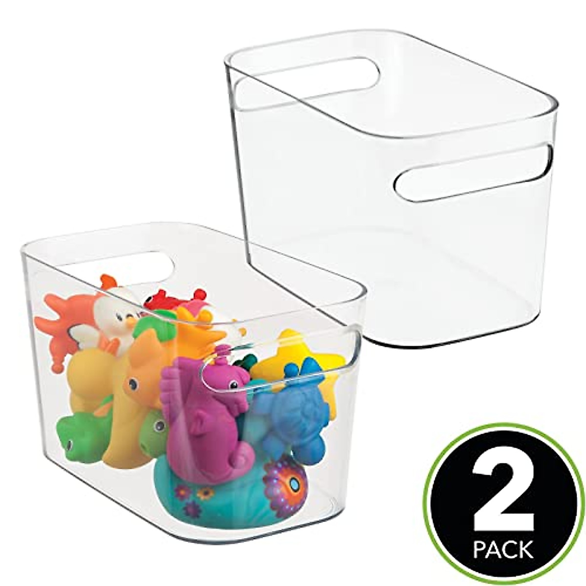 mDesign Plastic Toy Box Storage Organizer Tote Bin with Handles for Child/Kids Bedroom, Toy Room, Playroom - Holds Action Figures, Crayons, Building Blocks, Puzzles, Crafts - 10" Long, 2 Pack - Clear