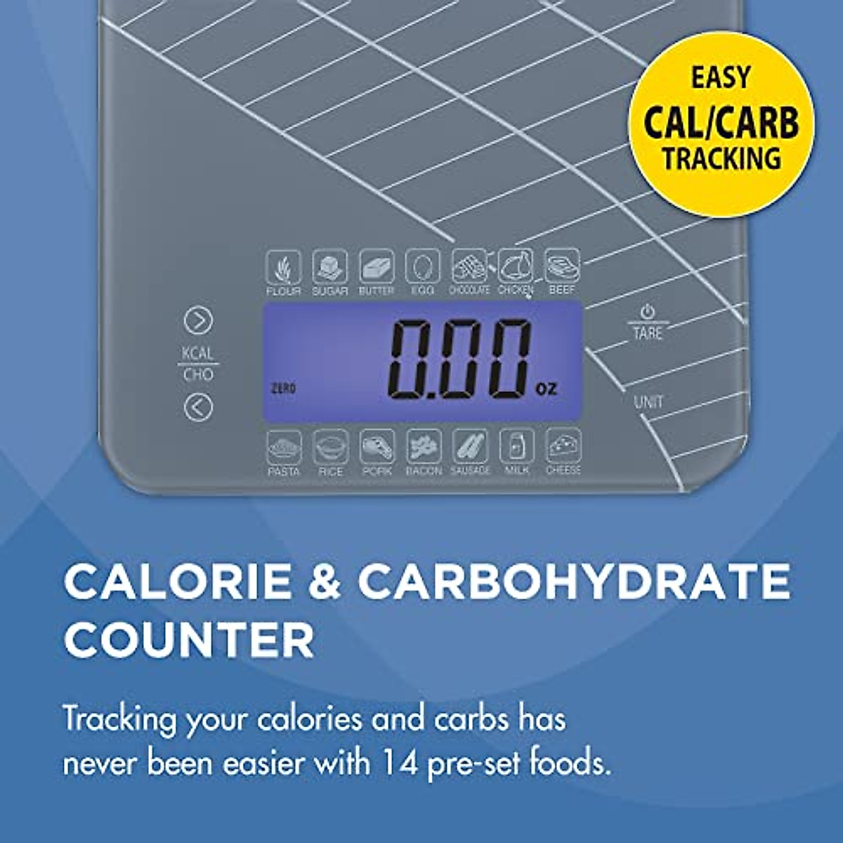 HealthWise Digital Kitchen Food Scale with Calorie & Carb Calculator Tempered Glass | Precision Measurements | Unit conversions: oz, lbs, g, ml | 14 pre-Set Foods, Gray (59-106)