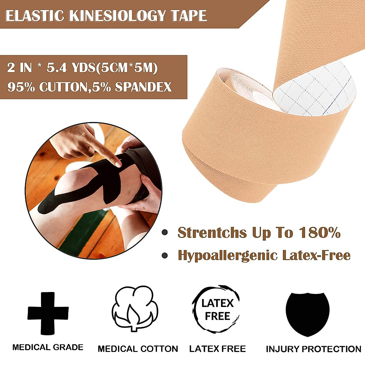 Scientific Cotton Rayon Fiber Kinesiology Tape, 16' Length x 2" Width,Latex-Free Athletic Tape Designed to Boost Athletic Performance, Reduce Muscle Pain, Ease Inflammation (Nude)