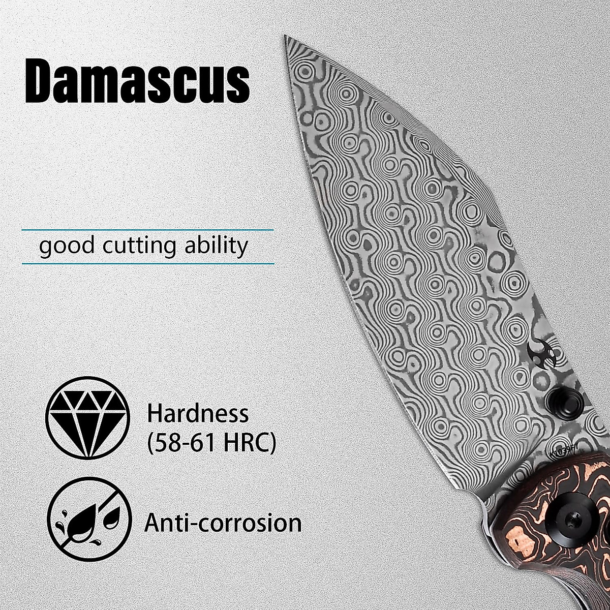 KANSEPT Nesstreet Button Lock Pocket Folding Knives for Men EDC Camping Folding Knife 3.58'' Damascus Material Pocket Folding Knife with Copper Carbon Fiber Handle Everyday Carry Folding Knife K1039F7