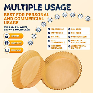 Qware Air Fryer Liners Disposable, 100Pcs Disposable Air Fryer Paper liners for Roasting, Frying and Baking, Oil Proof Airfryer Paper Liners for 3-5 QT (7.8 inches, Round-Brown)+Cooking Guide