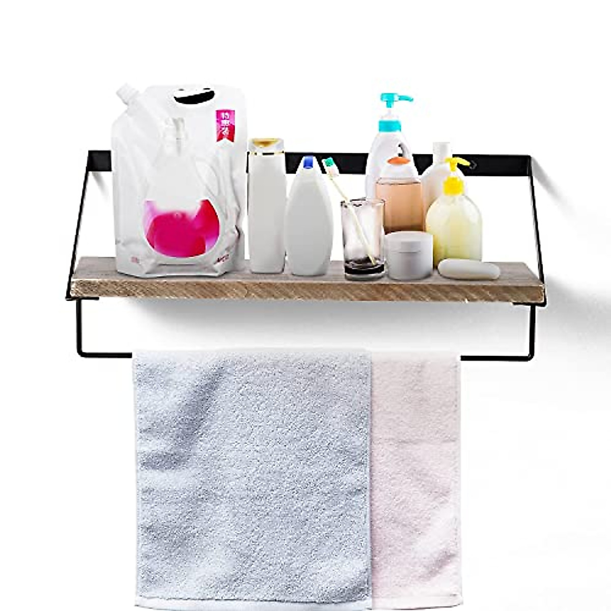 JCRUBAN Floating Shelves Wall Mounted Storage Shelves with Metal Frame and Towel Holder Rustic Wood Wall Shelves for Bedroom Living Room Bathroom Kitchen Office