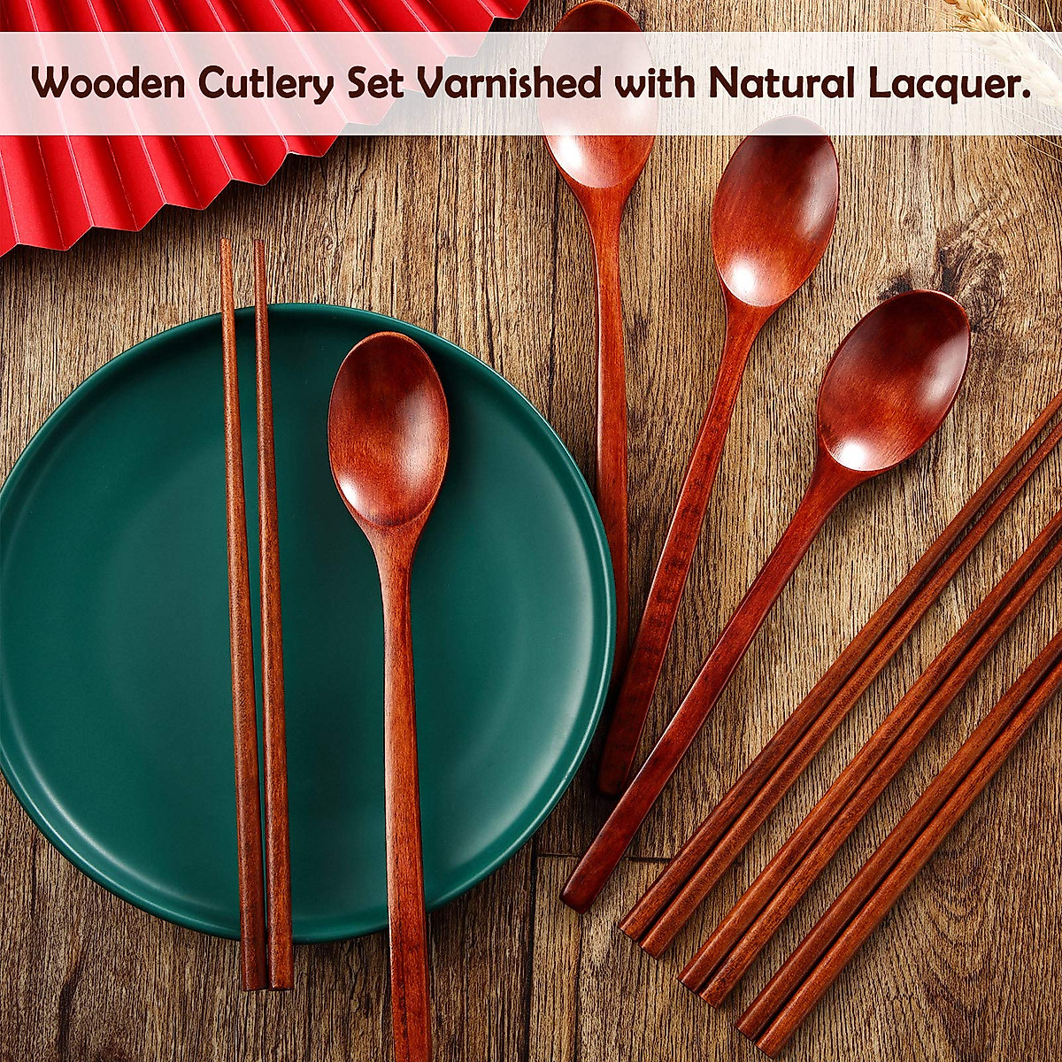 Wooden Spoon and Chopsticks Set Long Handle Spoon Chopstick Flatware Reusable Tableware Combination Utensils for Eating Food, 9.3 Inch (12)