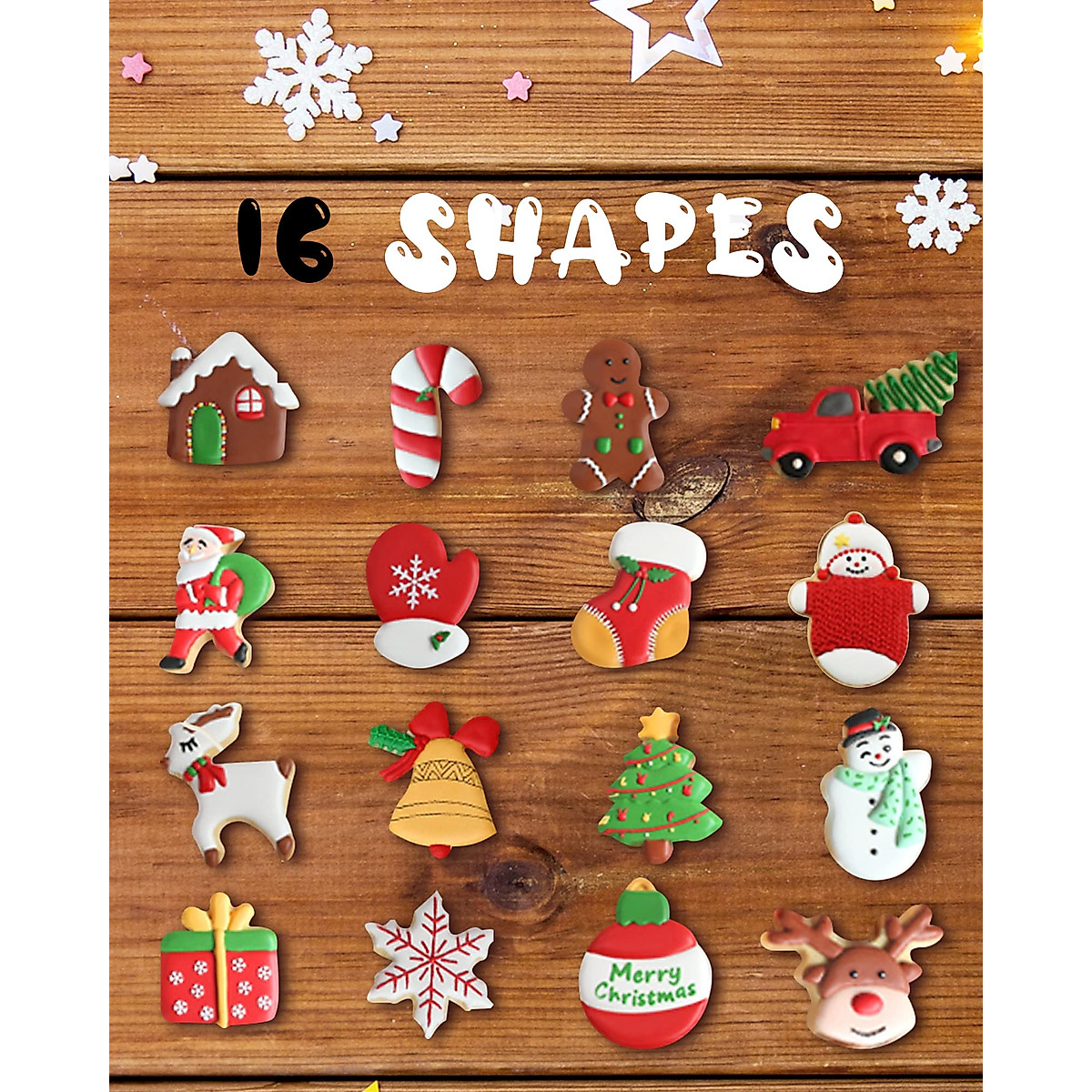 16 Pcs Christmas Cookie Cutters Winter Set with Decorating Instructions Stainless Steel Gingerbread Man Tree Snowflake Candy Cane Santa Snowman And More