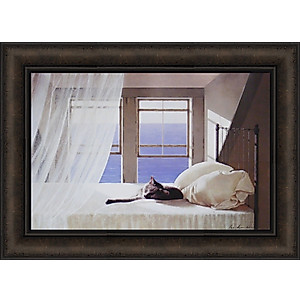 Home Cabin Décor Nap Time by Zhen-Huan Lu 16x22 Cat Kitten Sleeping Bed Waterscape Blowing Curtain Windows Framed Art Print Picture