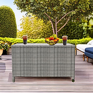 SUNNYFURN 120 Gallon Wicker Deck Box, Patio Deck Box Outdoor Storage Box, Patio Rattan Deck Box, Rattan Outdoor Bins, with Wheels Large Storage Bench Box, for Patio Furniture, Outdoor, Grey