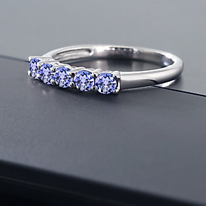 Gem Stone King 10K White Gold Blue Tanzanite 5 Stone Wedding Engagement Anniversary Promise Ring For Women (0.60 Cttw, Round 3MM, Gemstone December Birthstone, Available In Size 5, 6, 7, 8, 9)