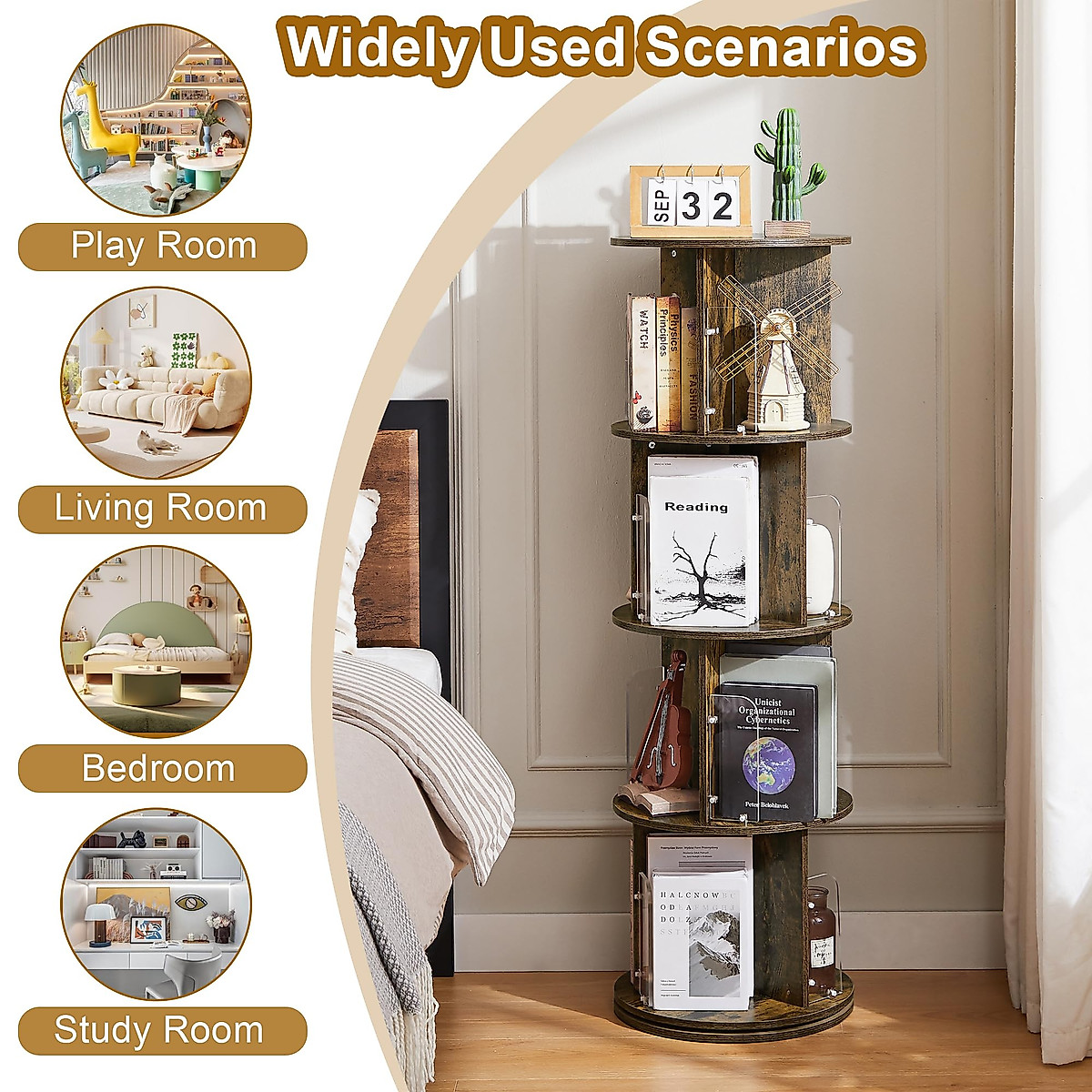 VECELO 4 Tier Revolving Bookshelf Tower, 360° Display Floor Standing Storage Rack with Acrylic Visible Window Partition for Bedroom, Living Room Home and Office, Brown
