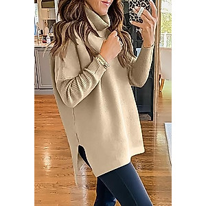 LILLUSORY Clothes Sweaters for Women 2023 Outfit Clothing Long Batwing Sleeve Spilt Hem Tunic Pullover Sweater Knit Tops Apricot