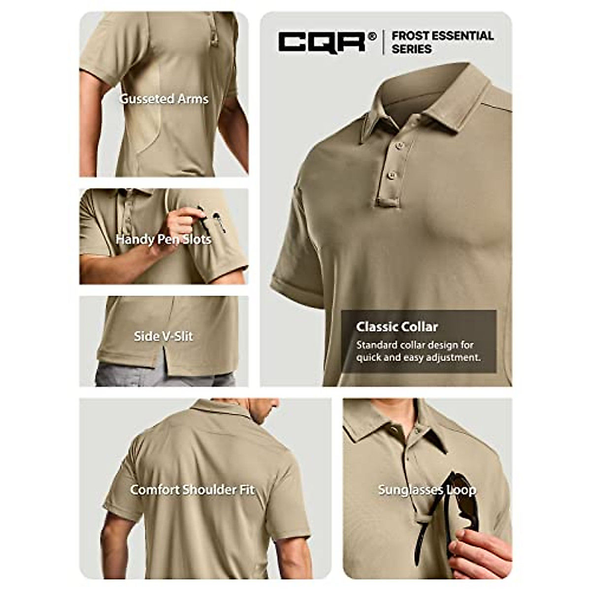 CQR Men's Polo Shirt, Long and Short Sleeve Tactical Shirts, Dry Fit Lightweight Golf Shirts, Outdoor UPF 50+ Pique Shirt, Frost Essential Khaki, Small