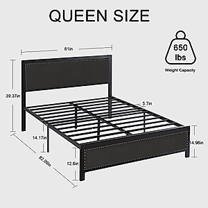 VECELO Queen Size Bed Frame with Linen Fabric Headboard and Footboard, Heavy-Duty Platform with Strong Steel Slats, No Box Spring Needed, Easy Assembly, Black
