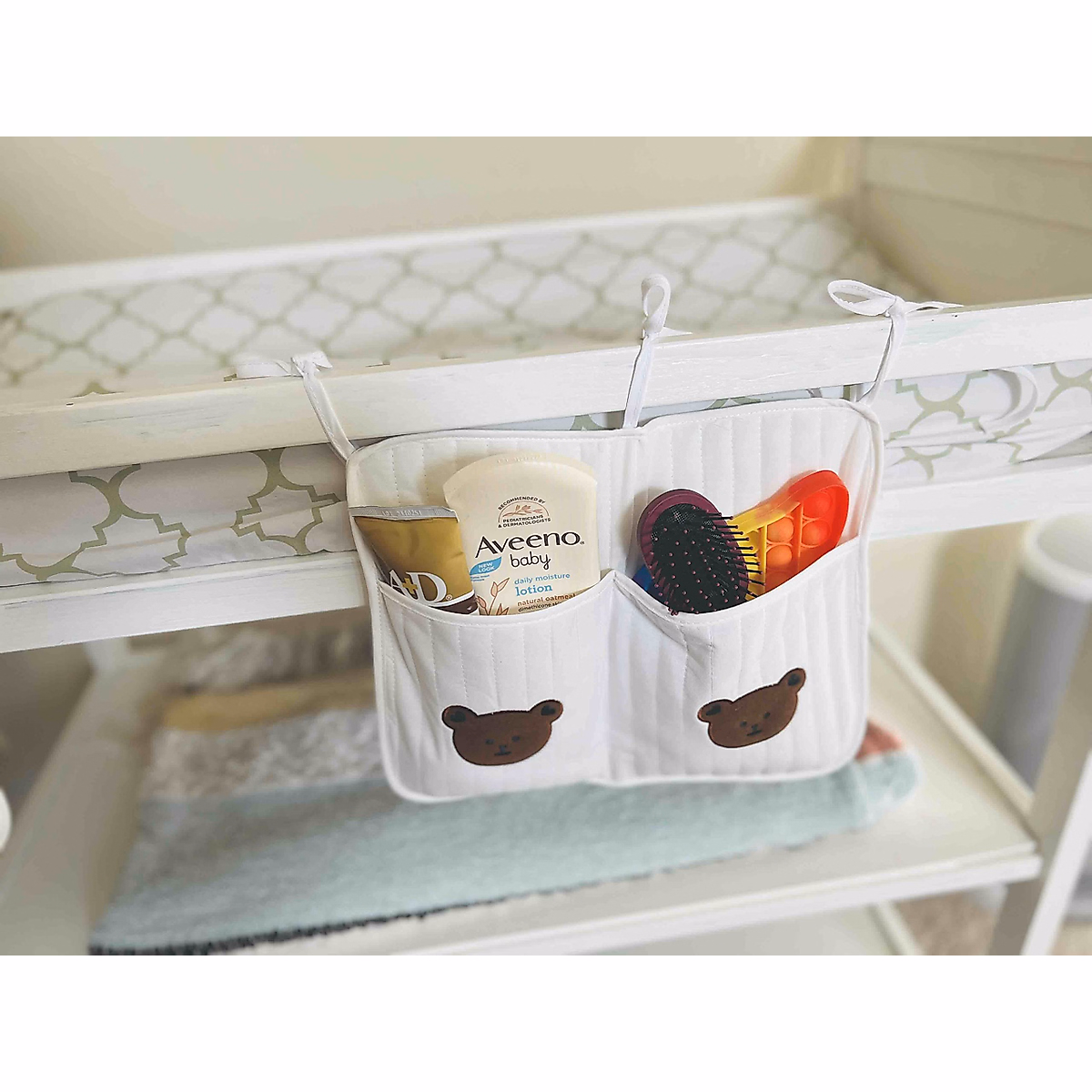 2 Pieces Nursery Hanging Organizer For Crib and Changing Table-Double Pocket Hanging Bag-Hanging toy storage-Cotton and Machine washable (Olive)