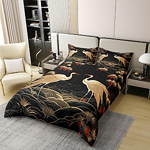 jejeloiu Japanese Crane Duvet Cover 100% Cotton Set Full Size, Red Crowned Crane with 2 Pillow Case, Wild Animal Bedding Set 3Pcs Teens Room Decor, Lucky Clouds Duvet Cover (No Comforter)