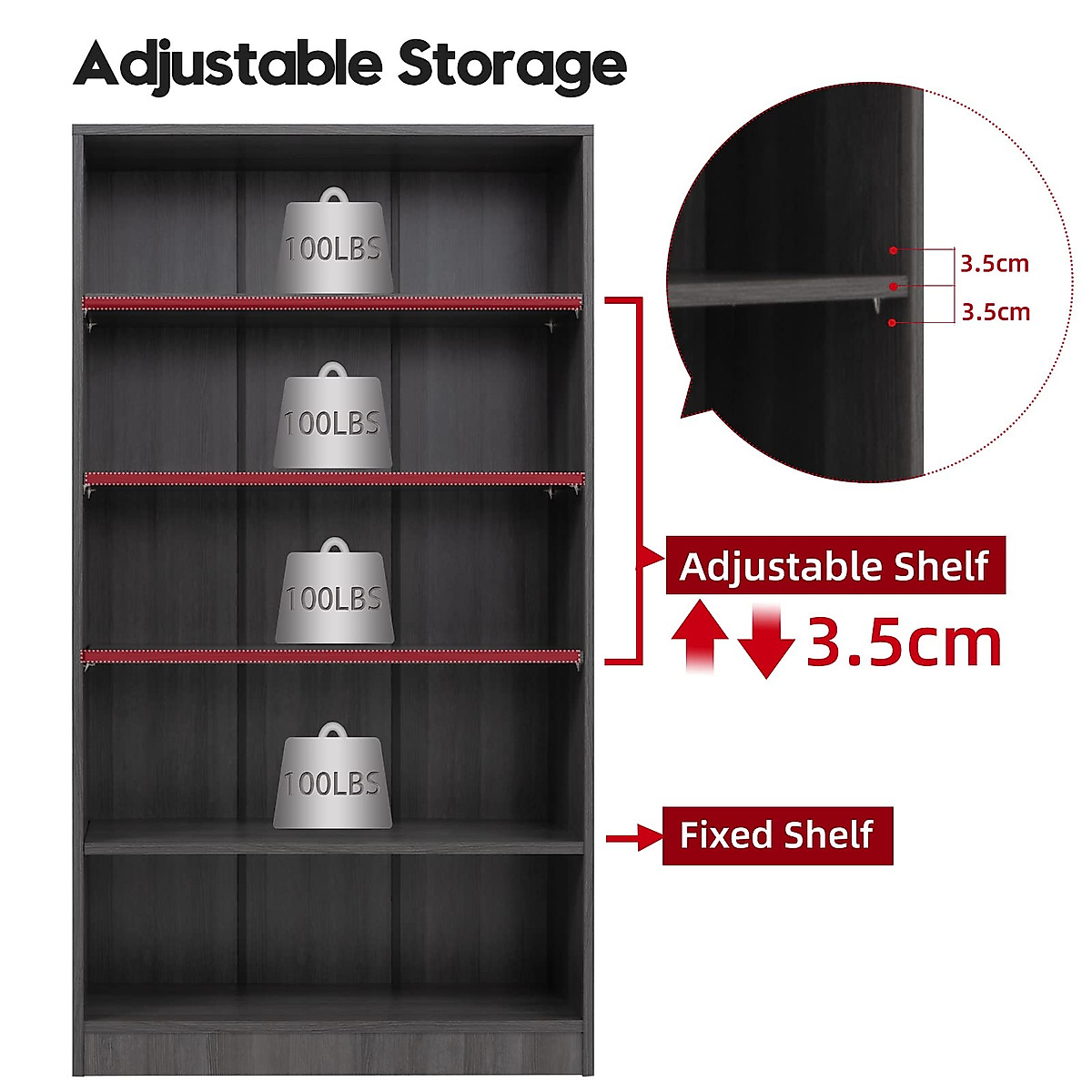 Wood Bookcase 5-Shelf Freestanding Display Wooden Bookshelf for Home Office School (11.6" D*33" W*59.8" H,Grey)