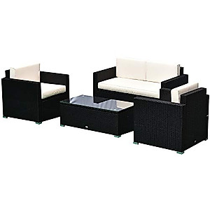 Outsunny 4 Piece Wicker Patio Furniture Set with Cushions, Outdoor Sectional Furniture with 2 Sofa, Loveseat, and Glass Top Coffee Table, Conversation Sofa Sets for Garden, White