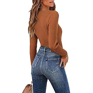 ONLYSHE Women's Long Sleeve Knit Shirts Fall V Neck Pullover Basic Tops Slim Fitted Ribbed Sweaters Fashion Clothes,Caramel L