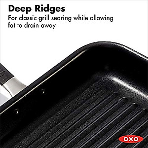 OXO Good Grips 11” Square Grill Pan, 3-Layered German Engineered Nonstick Coating, Stainless Steel Handle with Nonslip Silicone, Black