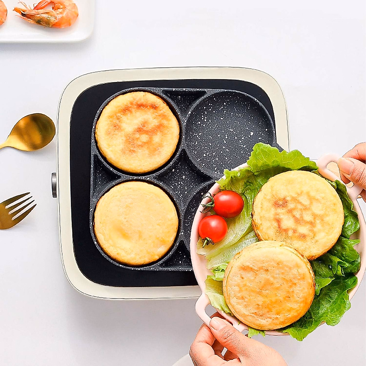 Fry Pan For Egg, Non Stick Ham Pancake Maker, Egg Burger Pan With Wooden Handle, 4 Holes, For Induction Cooker Gas Stove