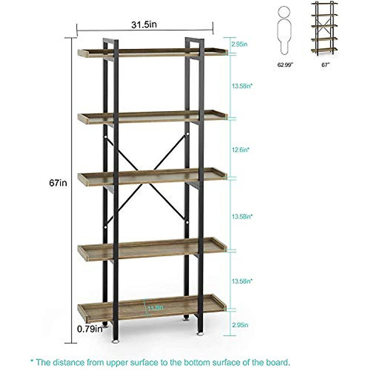 SEISSO 5 Tier Bookcase, Open Bookshelf Metal Shelving Unit Etagere Bookcase Solid Tube Wood Shelves Rustic Bookshelf Modern Style Bookcase Furniture for Home Office Living Room 37" x 31.5" x 11.8"