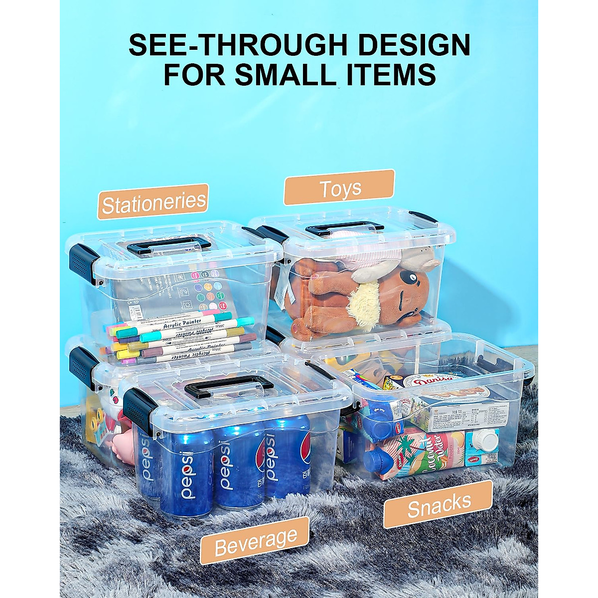 EOENVIVS Plastic Storage Bins 7 Quart-Storage Organizer Bins with Black Buckle Lids, Stackable Storage Bins with Lids for Home Office Kids Room Closet School Art Supplies Organization,6 Packs, Clear