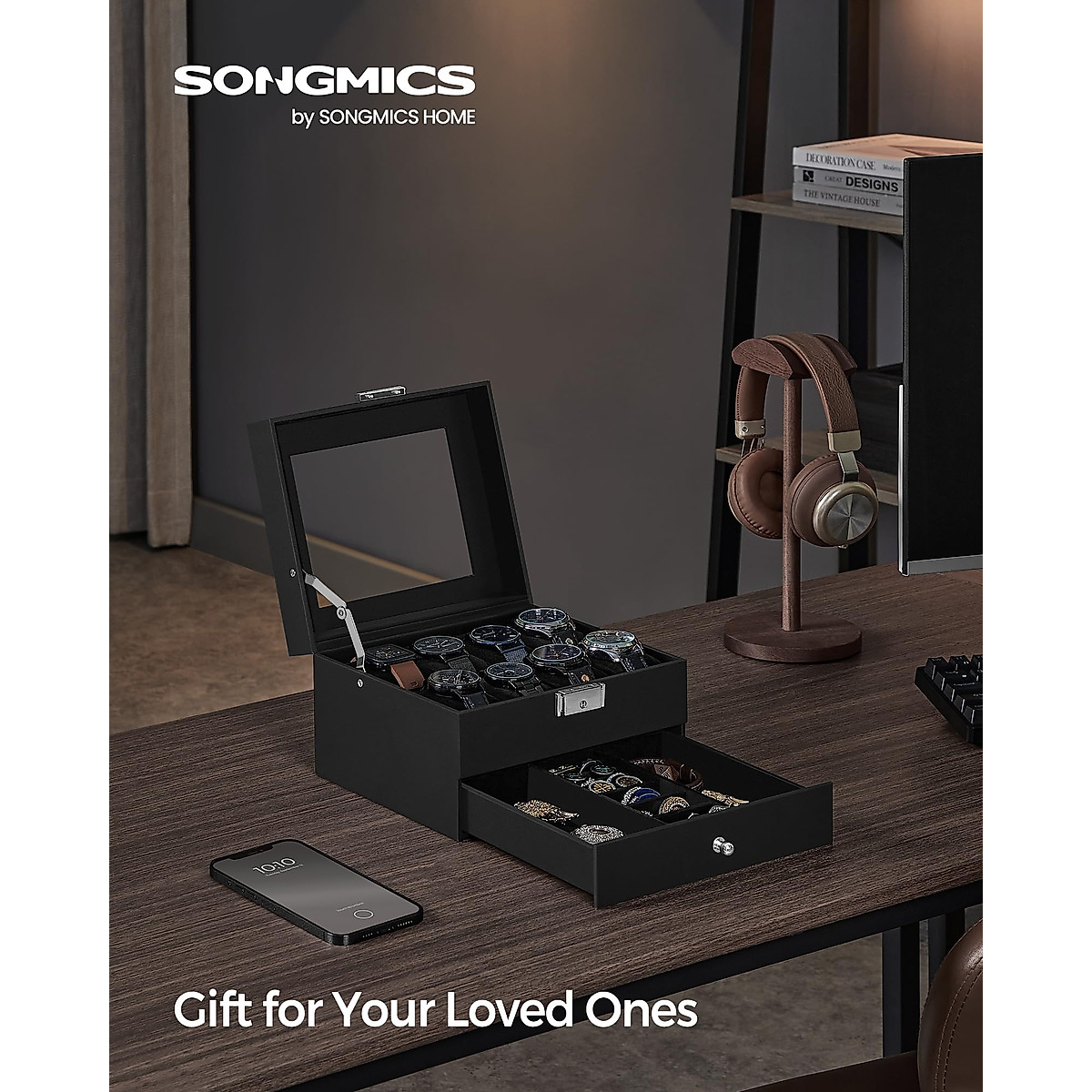 SONGMICS 8-Slot Watch Box, Lockable Watch Case with Glass Lid, 2 Layers, with 1 Drawer for Rings, Bracelets, Gift Idea, Black Synthetic Leather, Black Lining UJWB080B01