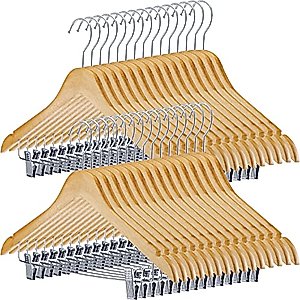 30 Pack Wooden Skirt Hangers Suit Hangers with Clips Smooth Wooden Hangers Solid Wood Pant Hangers with Clips Coat Hanger with Durable Adjustable Metal Clips, 360 Degree Swivel Hooks for Clothes Dress