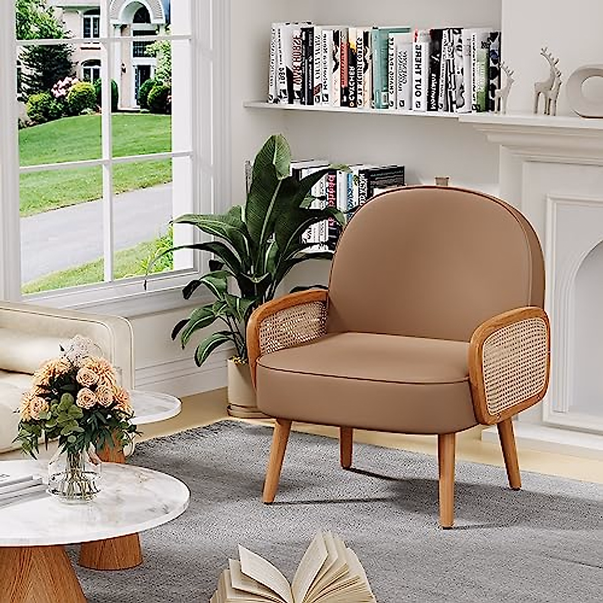 Aklaus Mid Century Modern Accent Chair Armchair with Rattan Arms Upholstered Rattan Boho Accent Chair for Living Room Bedroom Balcony Faux Leather Reading Chairs Side Club Chair Brown