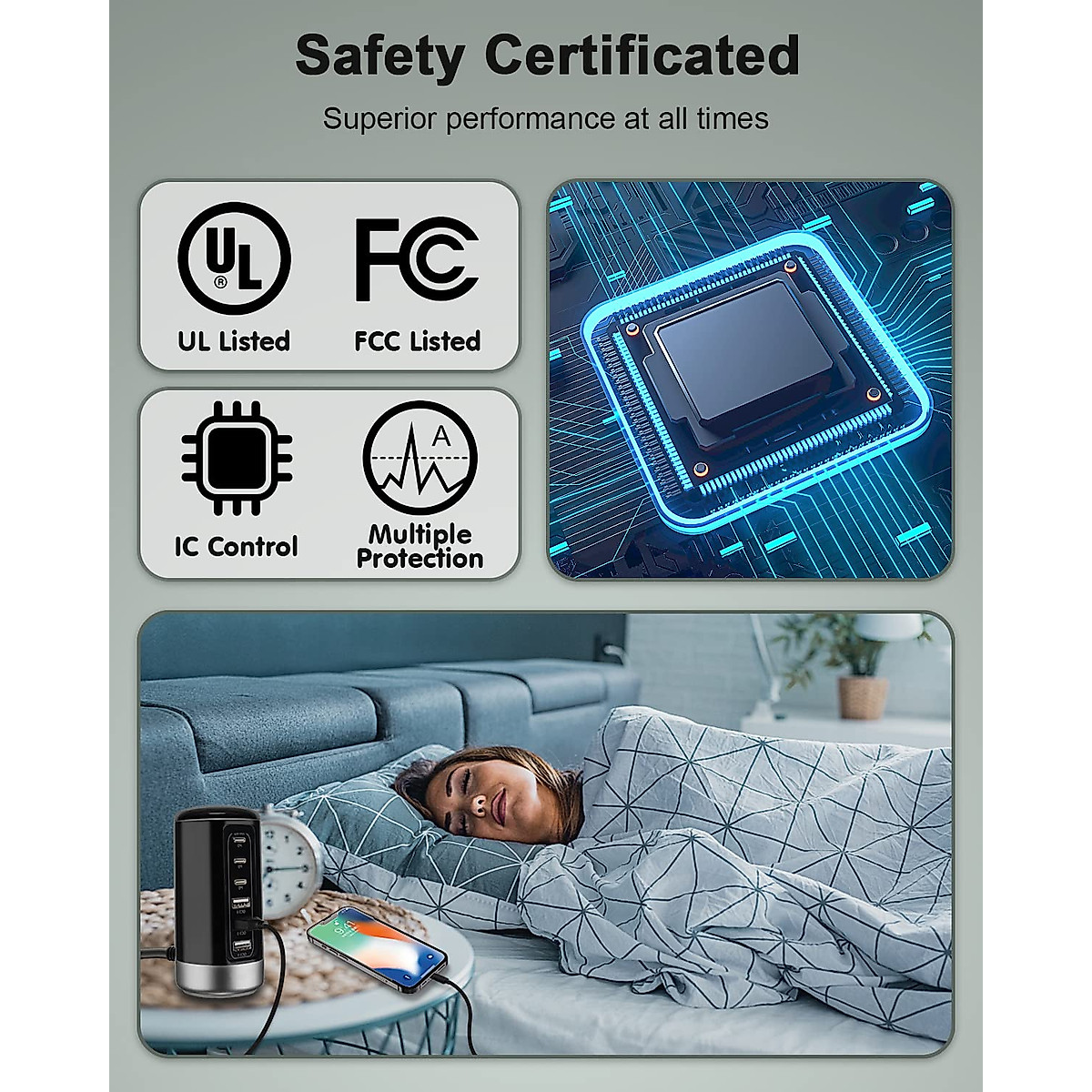 Universal USB & USB C Tower Fast Charging Station 6-Port 60W - Compact, Space-Saving Design with Multiple USB & USB-C Ports for All iPhone Galaxy Note Pixel iPad Multiple Devices