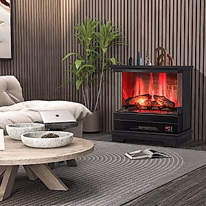 Tangkula 27 Inches Electric Fireplace Heater, Freestanding No Assembly Fireplace Stove with Remote Control, 3-Sided View, 7 Flame Effects, Overheat Protection, CSA Certified, 6H Timer, 1400W (Black)