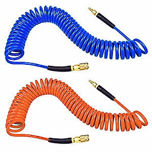 YOTOO Polyurethane Recoil Air Hose 1/4" Inner Diameter by 25' Long with Bend Restrictor, 1/4" Industrial Quick Coupler and Plug, Red+Blue. 2-Pack