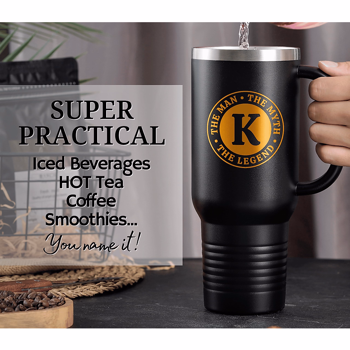 the Man the Myth the Legend, Monogrammed 40oz Tumbler with Handle for Men, Funny Personalized Travel Mug, Unique Birthday Christmas Gifts for Him, C