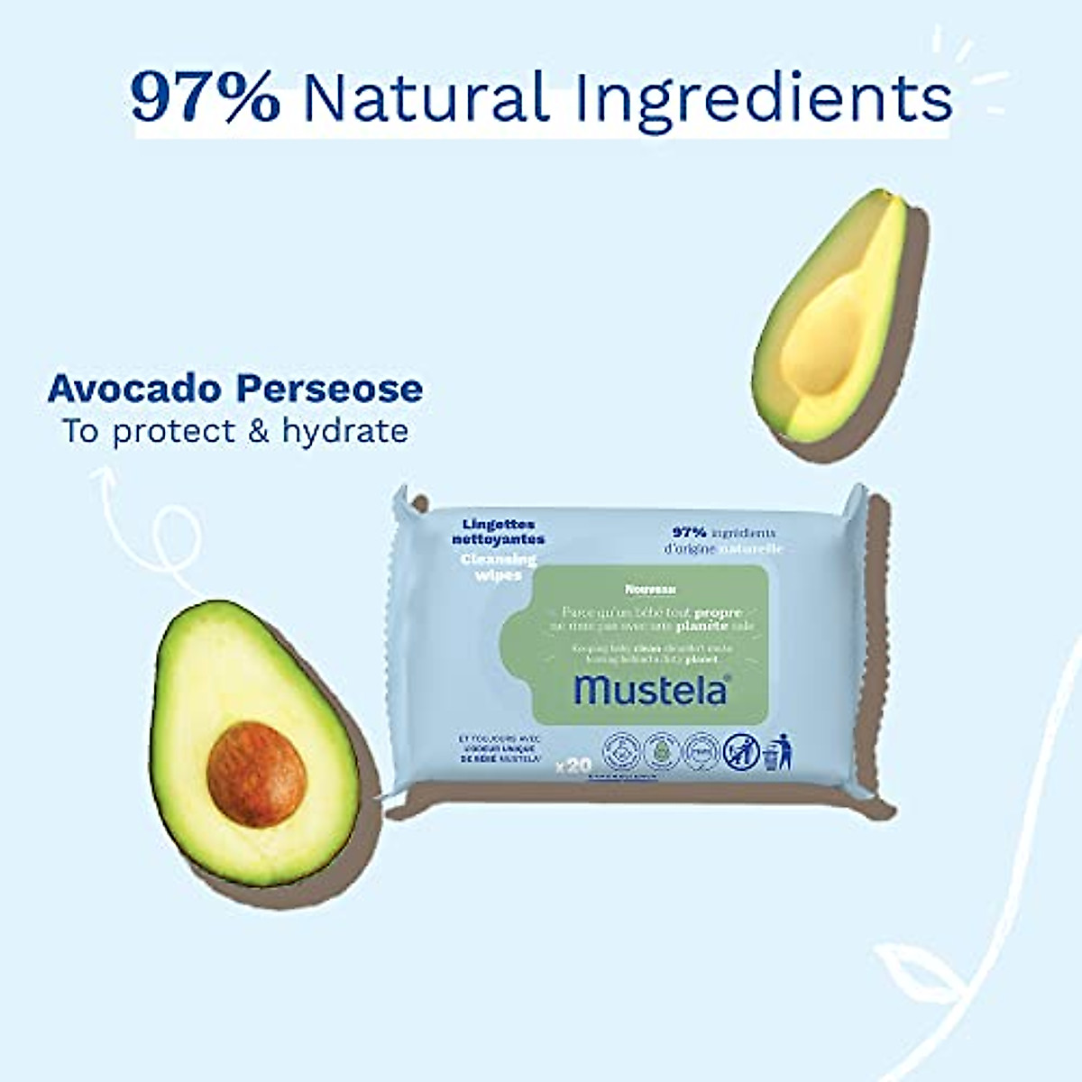Mustela Baby Cleansing Wipes with Natural Avocado - For Face, Body & Diaper Area - Made with Compostable & Plastic Free Fibers - Lightly Scented - 60 ct. (1-Pack)