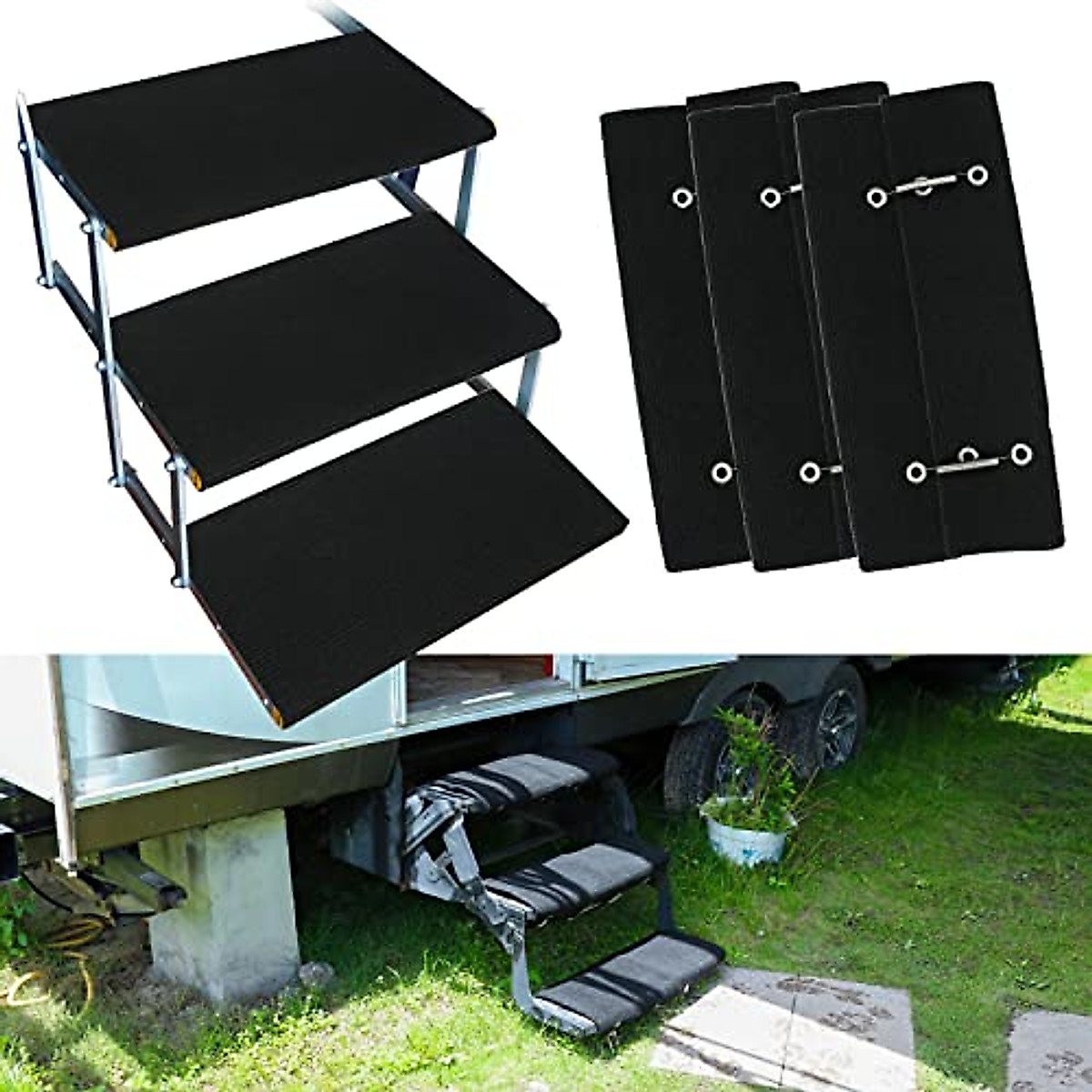 BLACKHORSE-RACING RV Steps Covers Rugs 3 Pack, 18" Inch Wide RV Camper Step Stair Covers, Wrap Around Camper Stair Rugs Radius Carpet with Spring Hooks, Black