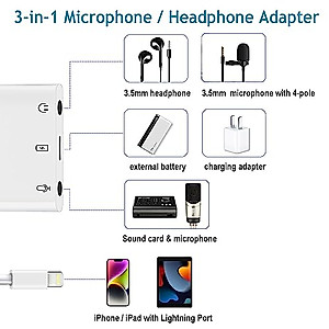 iPhone Microphone Adapter for Live-Streaming Lightning to Microphone & 3.5mm Headphone Adapter with Charging Port iPhone Audio & MIC Splitter Compatible with iPhone 14 13 12 11 SE X 8 7 Plug and Play