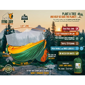 Ryno Tuff X-Large 2 Person Camping Hammock with Mosquito Net - Compact Double Hammock with Bug Net, Pocket, Tree Straps & Heavy Duty Carabiners - Parachute Grade Nylon Can Hold Over 600lbs of Weight