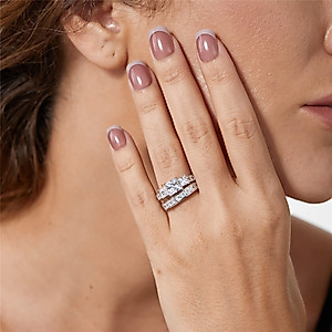 MABELLA Sterling Silver Ring for Women - 3 Stone CZ Princess Cut Engagement Ring - Cute Silver Wedding Ring Bands for Women - Bridal Womens Ring Set - Unique Gift for Her - 2 Pcs - Size 6