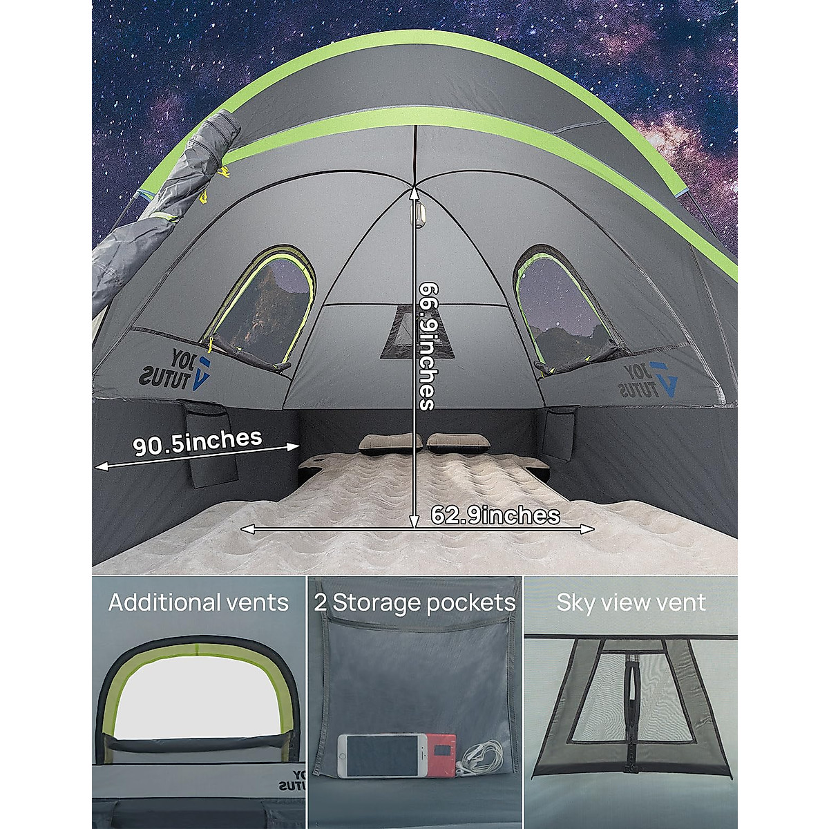 JOYTUTUS Pickup Truck Tent 2.0, Waterproof PU2000mm Double Layer for 2 Person, Portable Truck Bed Tent with Rainfly, 5.5'-6' Camping Preferred - Green